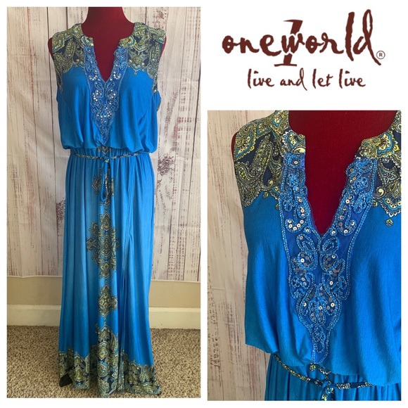 ONE WORLD | Dresses | Blue Sequin Bead Slinky Maxi Dress One Worldlive ...